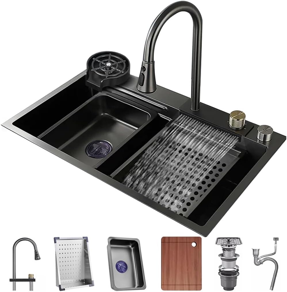 Amazon.com: Stainless Steel Waterfall Kitchen Sink Set Single Bowl Bar ...