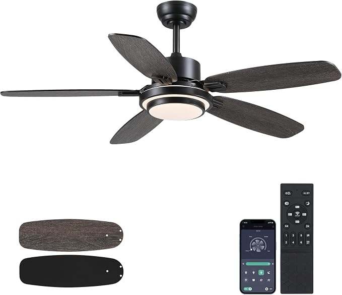 Hounberi Ceiling Fan with Light and Remote/APP Control,50" Black ...