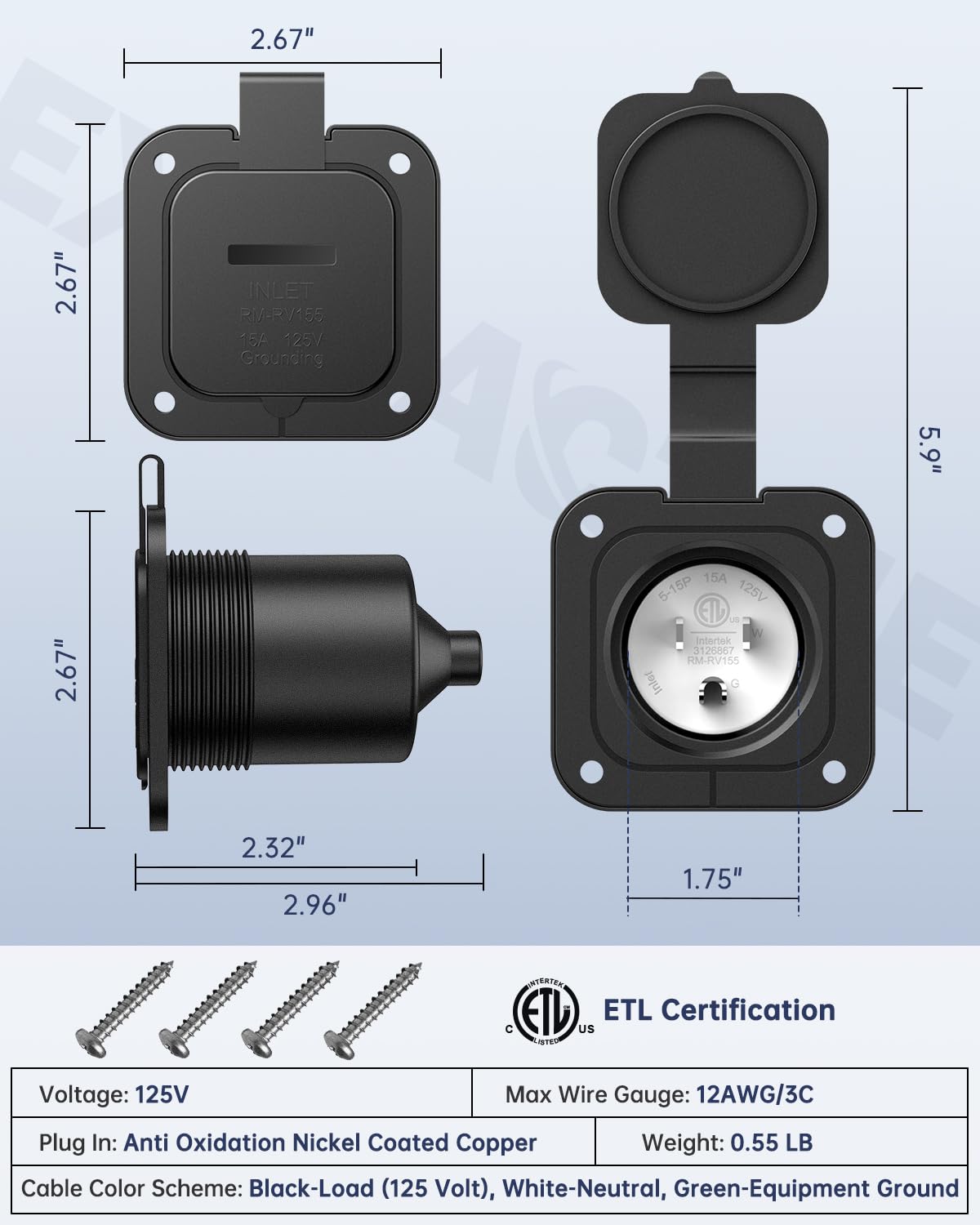 Snapklik.com : EXTRACTME 15A Shore Power Inlet 125V - ETL Approved RV ...