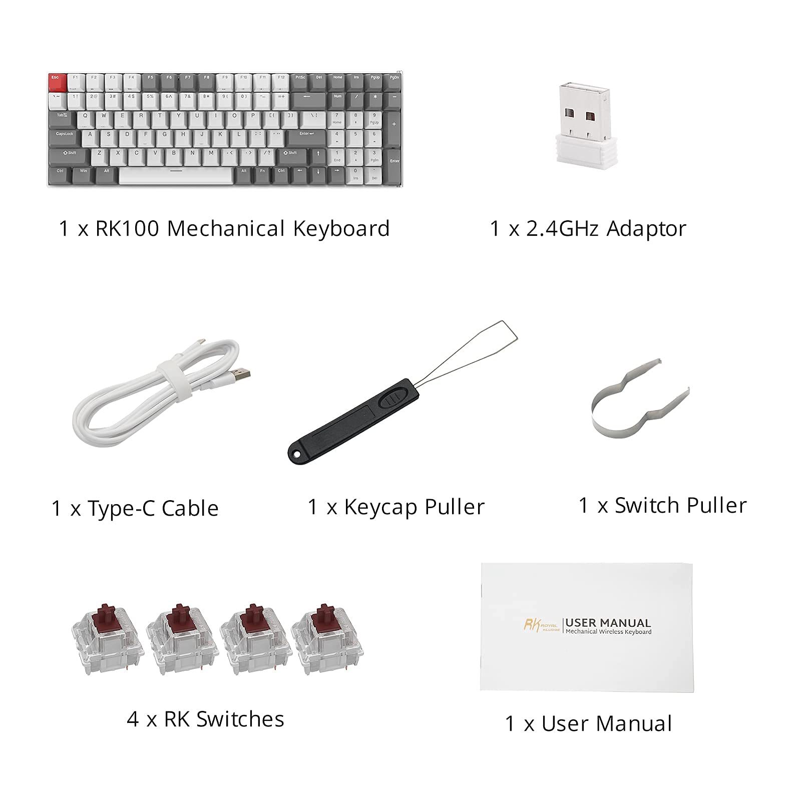 RK ROYAL KLUDGE RK100 Wireless Mechanical Keyboard, Bluetooth5.1/2.4G ...