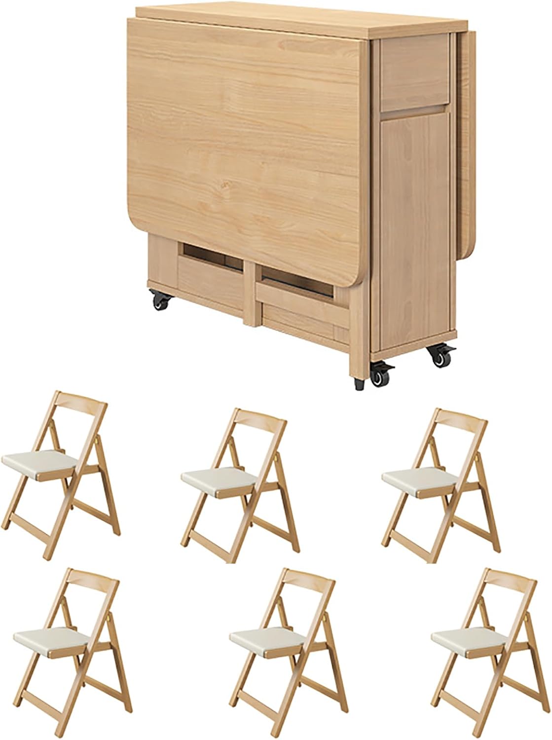 Wooden Folding Dining Table Set with 6 Chairs - Extendable Drop Leaf ...