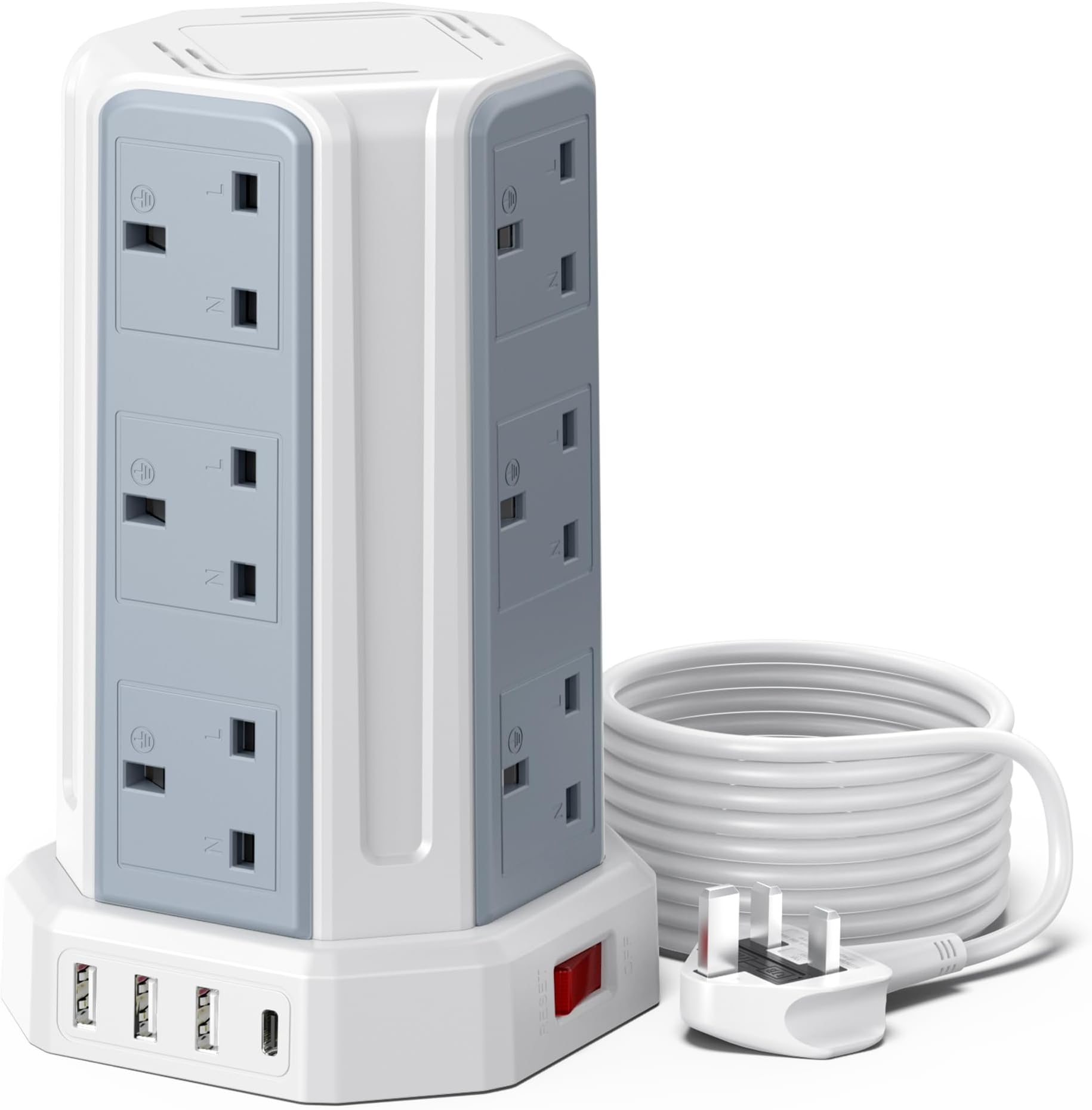 AODENG Tower Extension Lead with USB Slots 5M, 12 Way Outlets Multi ...