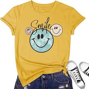 Beopjesk Women's Keep Smile T-Shirt Casual Short Sleeve Round Neck ...