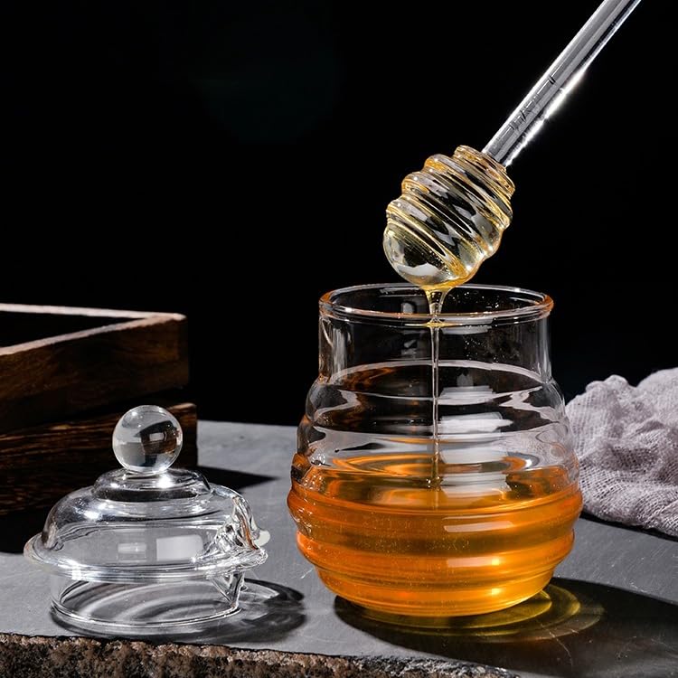 Glass Honey Jar with Dipper Stick, Beehive Honey Pot Containers with ...