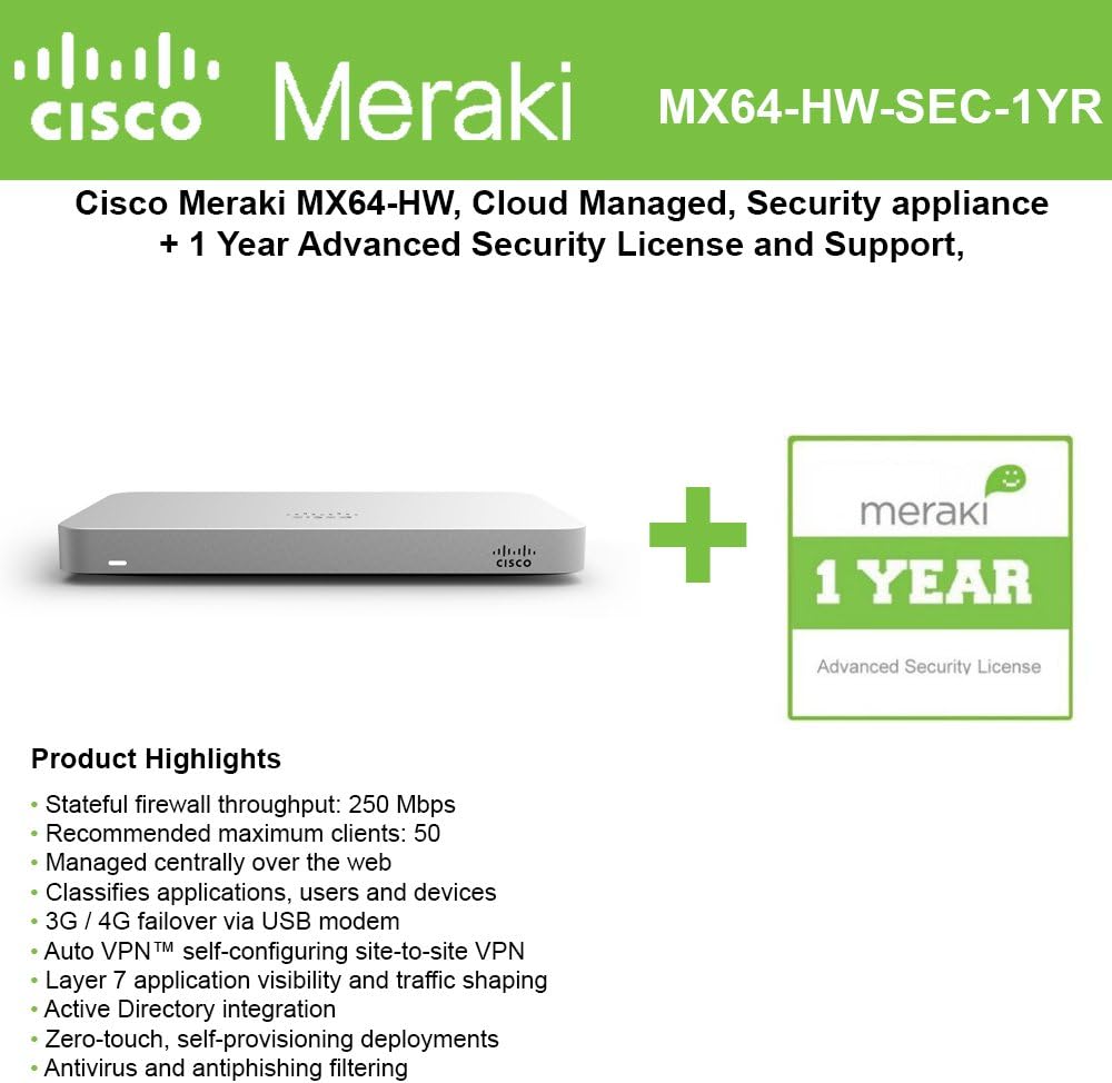Amazon | Cisco Meraki MX64 小分岐セキュリティアプライアンスバンドル 200Mbps FW 5xGbEポート - 1 ...