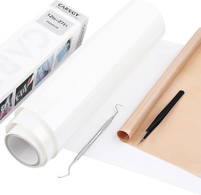 CAREGY HTV 12 x 27ft Roll Iron On White Heat Transfer Vinyl For T Shirt With Accessories caregy-htv-12-x-27ft-roll-iron-on-white-heat-transfer-vinyl-for-t-shirt-with-accessories