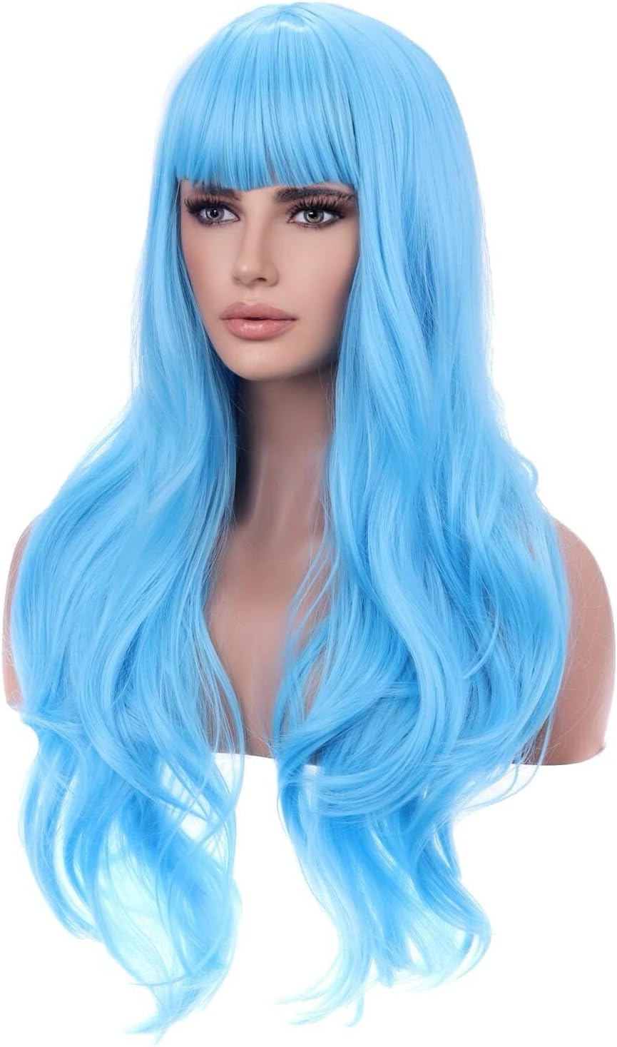 Amazon.com: BERON Blue Wig Long Wavy Wig with Bangs Synthetic Wig Long ...