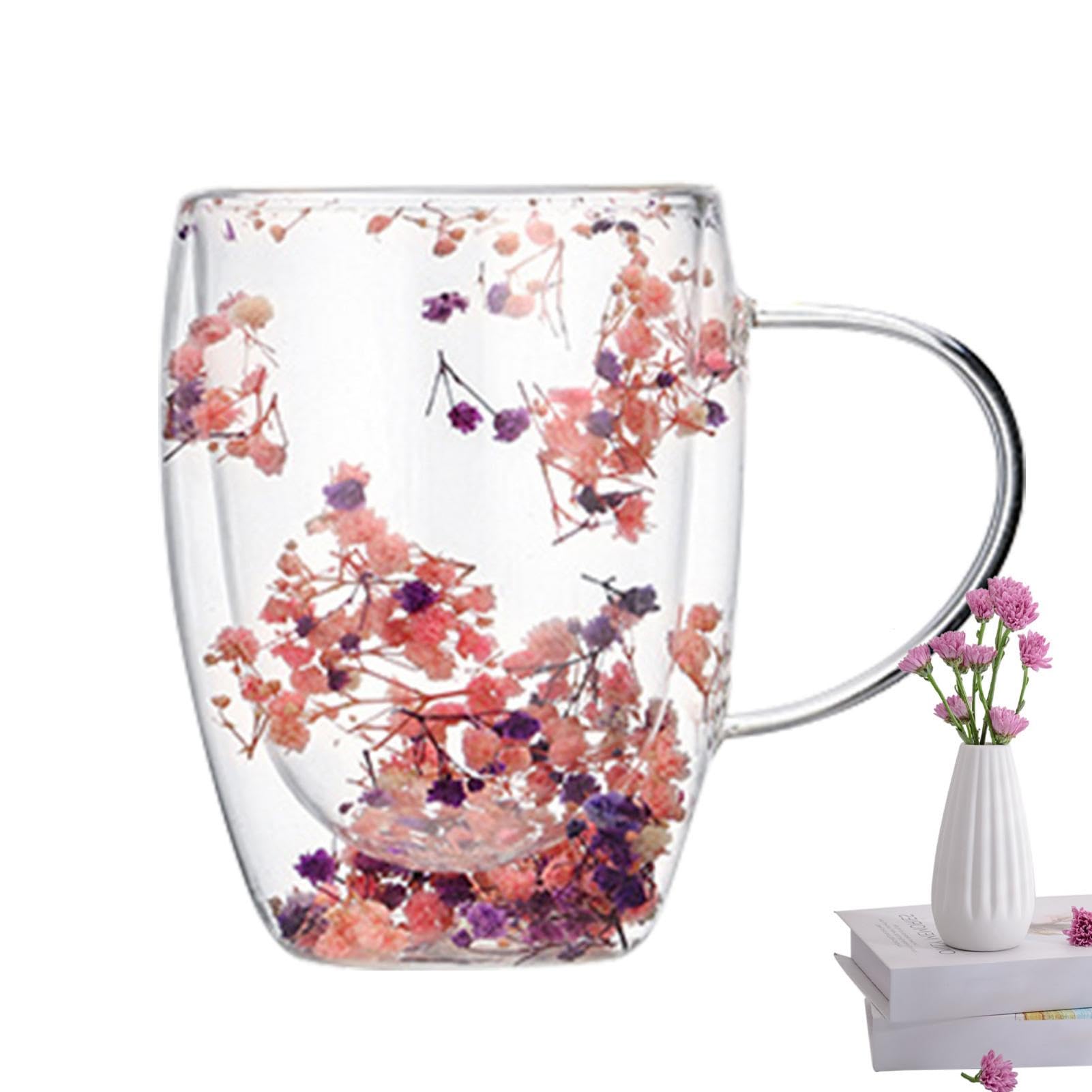 Dried Flowers Glass Coffee Mug, Dry Flowers Double Walled Coffee Mugs ...