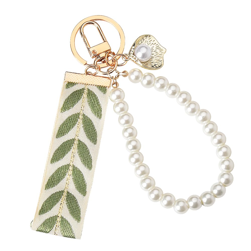 MXXGMYJ Faux Pearl Ribbon Keychain for Women Cute Faux Pearl Chain Leaf ...
