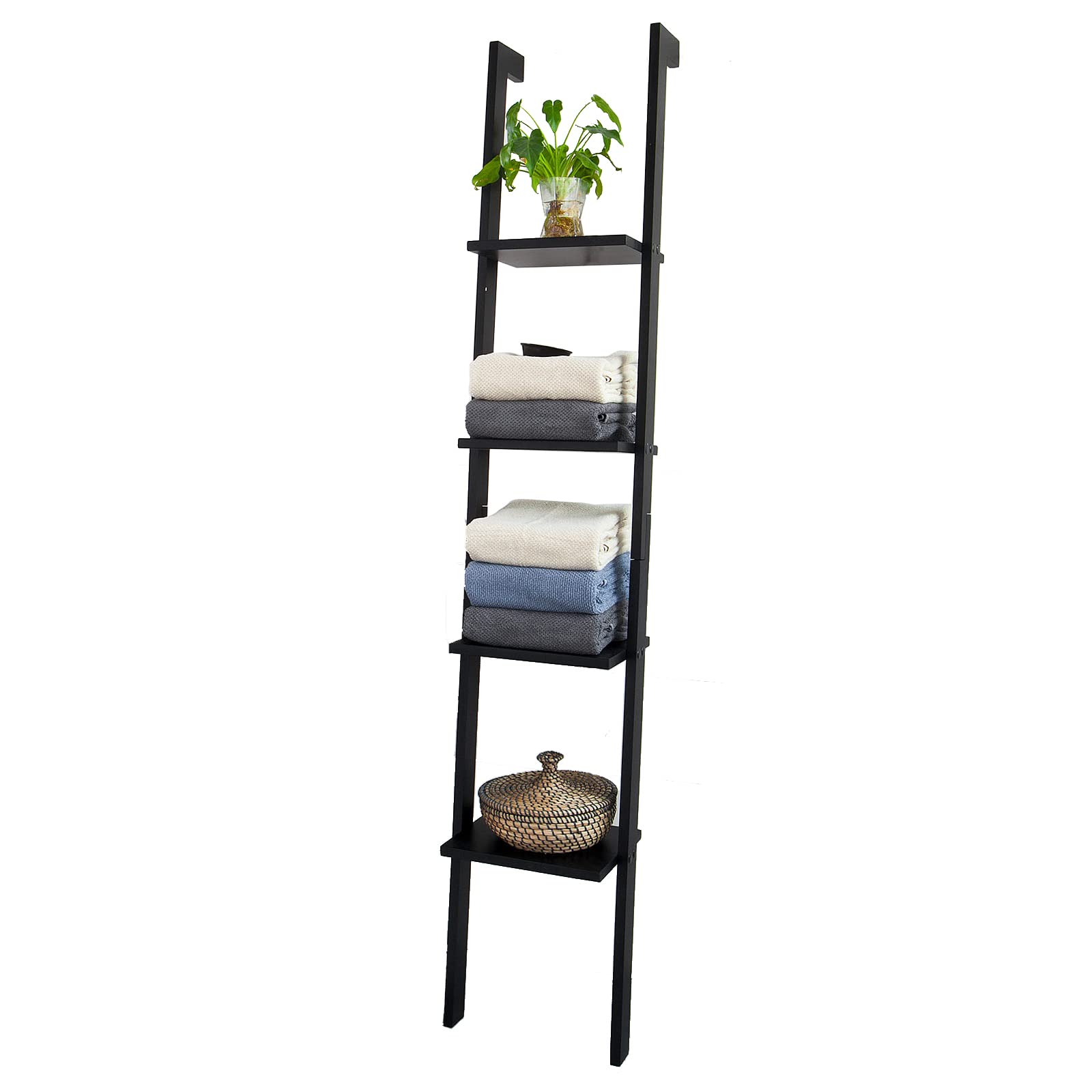 Snapklik.com : Haotian Black Modern Wood Ladder Shelf