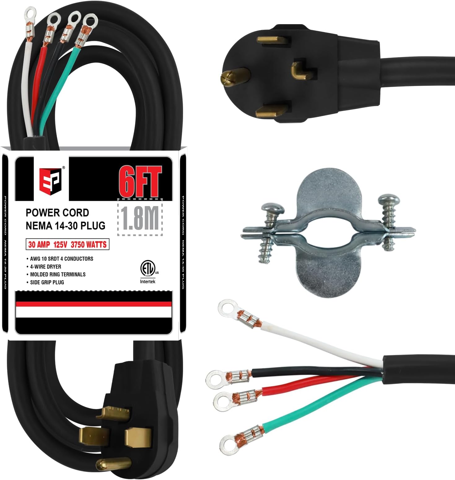 Amazon.com: EP 4 Prong Dryer Cord, 6 ft 10/4 SRDT, 30Amp Appliance ...