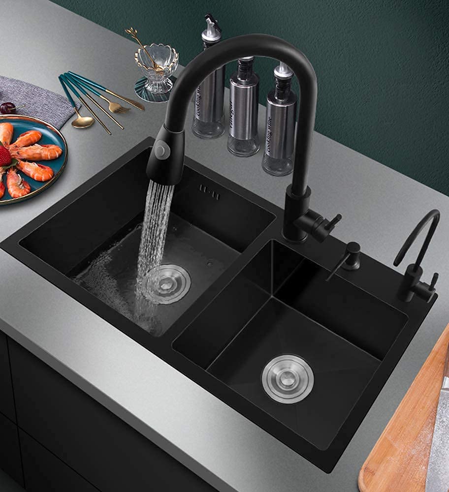 45 Black Quartz Kitchen Sink Double Bowl Drop-In Sink With, 48% OFF