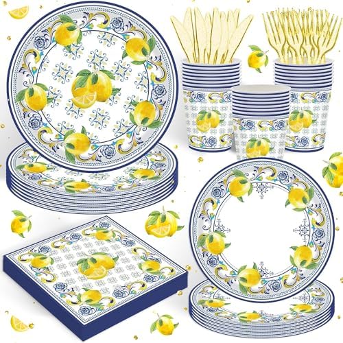 Amazon.com: Zubebe 120 Pcs Capri Lemon Party Supplies 24 Guests Blue ...