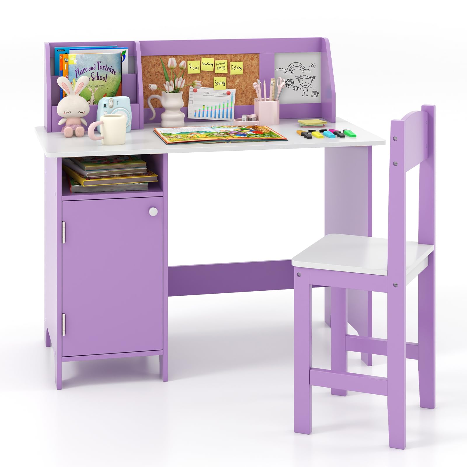 COSTWAY Kids Desk and Chair Set, Wooden Children Study Table with ...