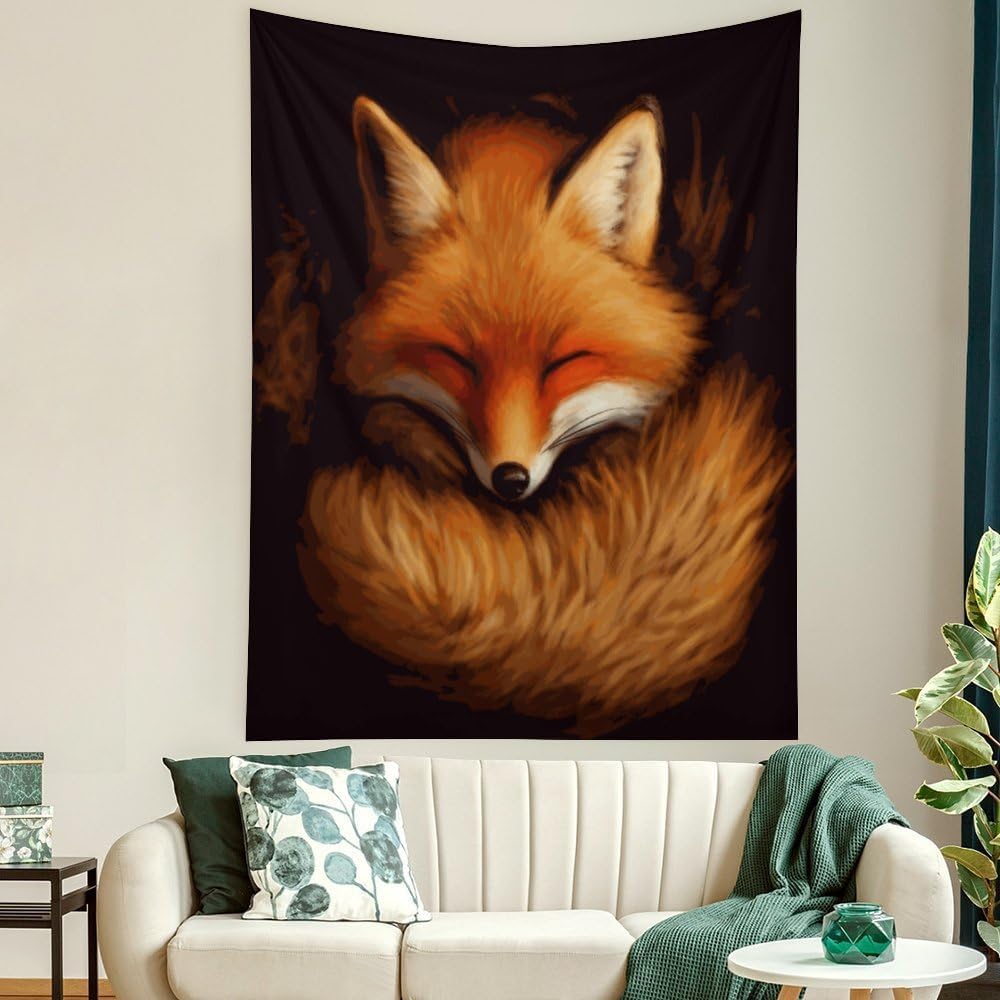 Amazon.com: Buyidec Red Fox Sleeping Tapestry Wall Hanging Art Deco ...