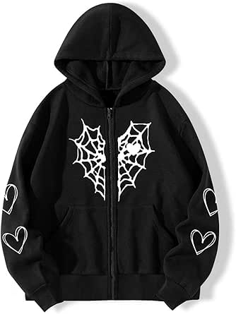 Oversized Y2K Zip Up Hoodie for Women Men Gothic Spider Web Heart Graphic Sweatshirt Punk ...