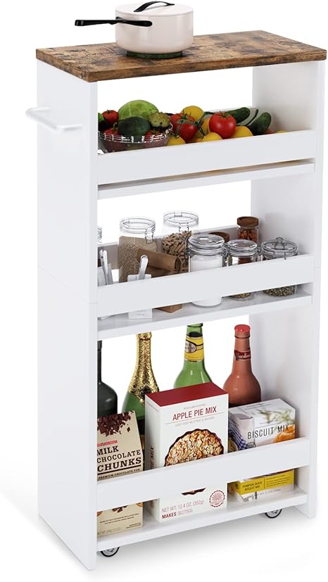 Amazon.com: TEAMIX 4 Tier White Slim Storage Cart with Handle, 7.9''W ...