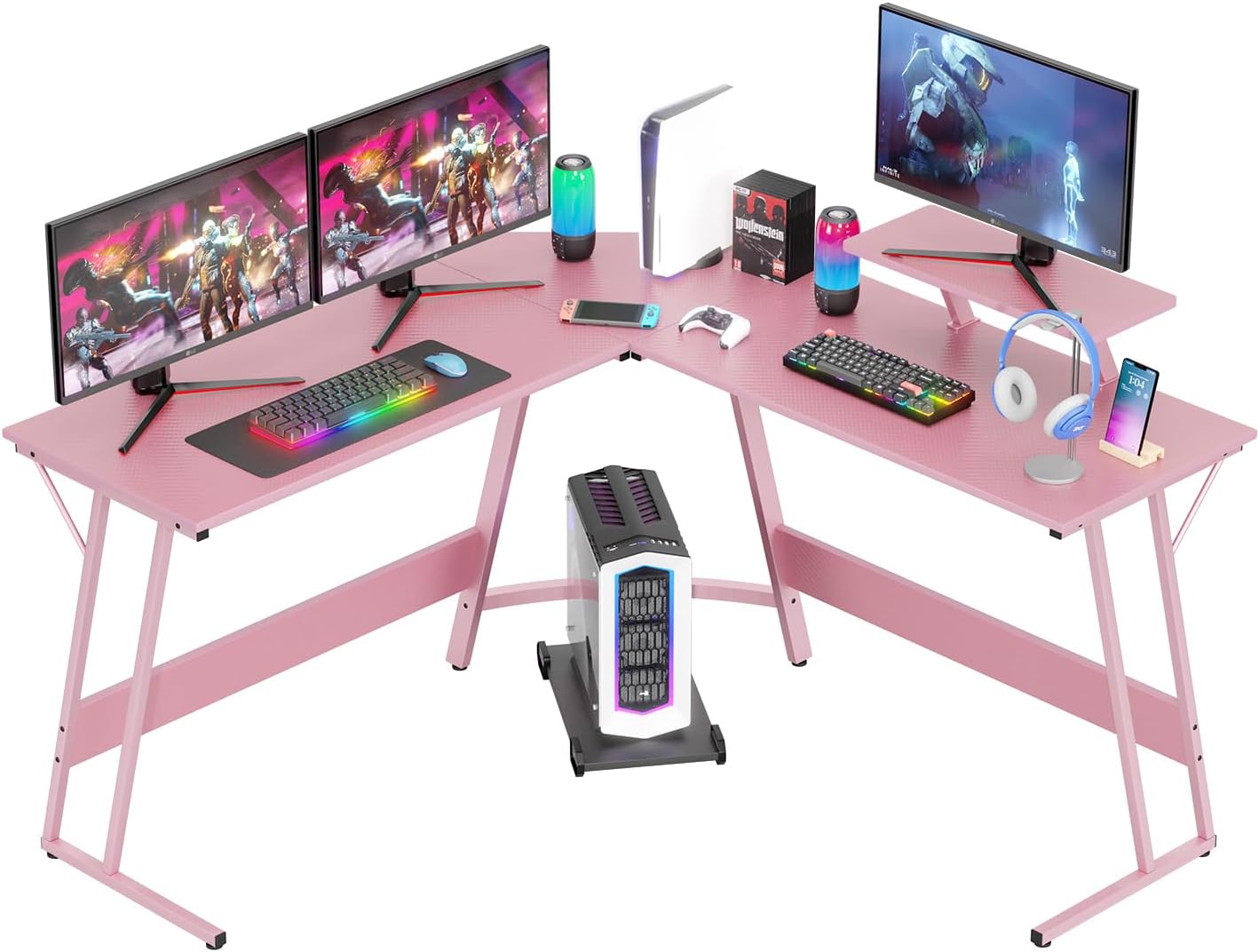 Amazon.com: MOTPK Pink Gaming Desk with LED Lights, Carbon Fiber L ...