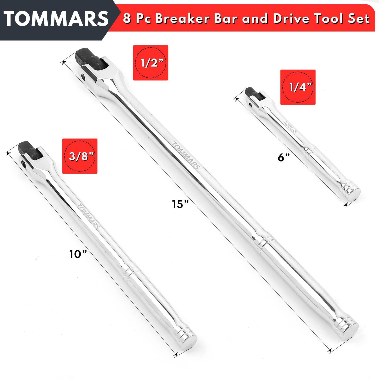 TOMMARS 7-Pc Breaker Bar Set, 1/4", 3/8" & 1/2" Heavy Duty Breaker Bars ...