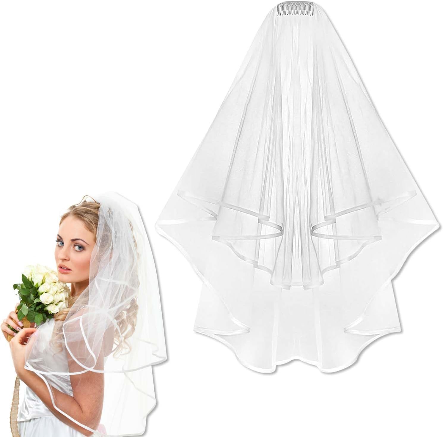 OBTANIM Bridal Veil White Double Ribbon Edge Wedding Veil with Comb for ...