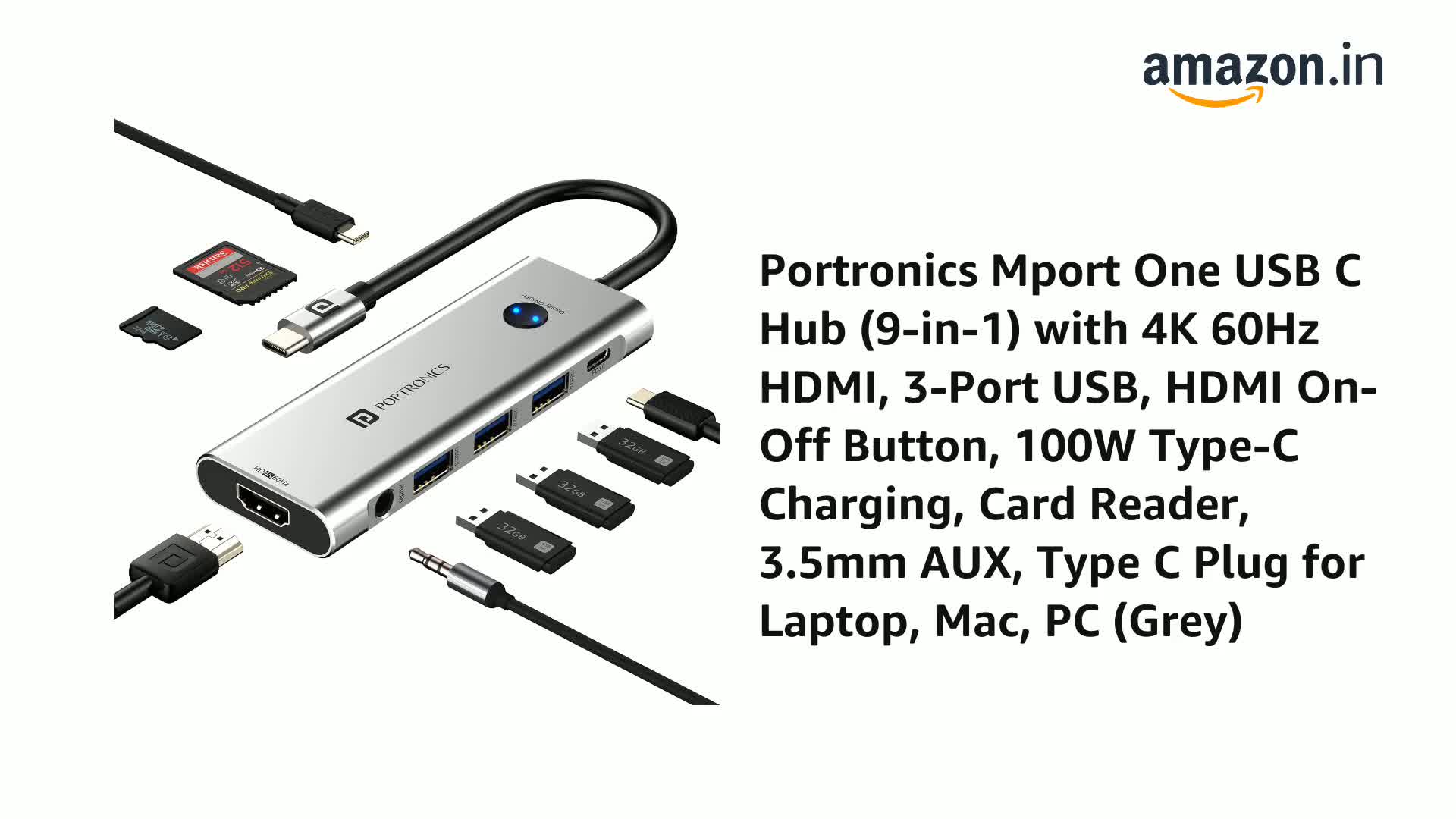 Watch Portronics Mport One USB C Hub ﹙9-in-1﹚ with 4K 60Hz HDMI, 3-Port ...
