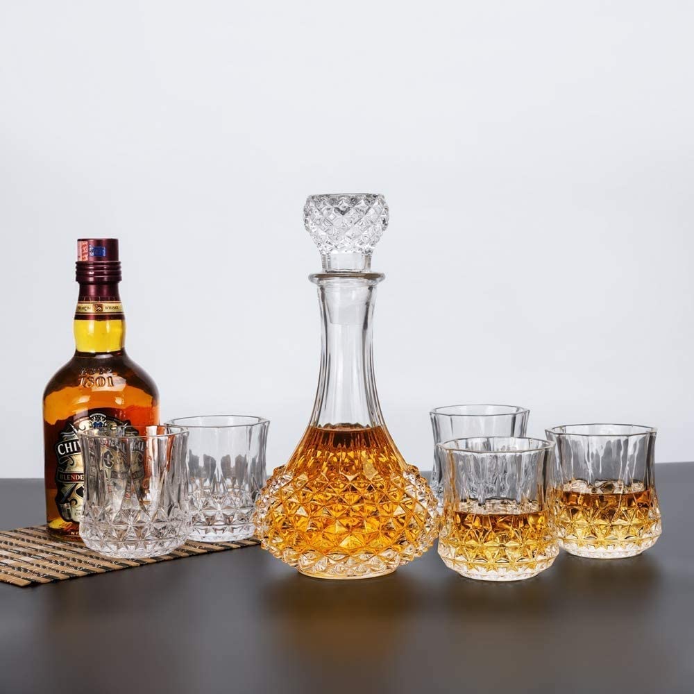NeWine Premium Crystal Clear 7Pcs Bar Set, 1 Decanter Bottle(850ml) With 6 Whiskey Glasses(300ml ...