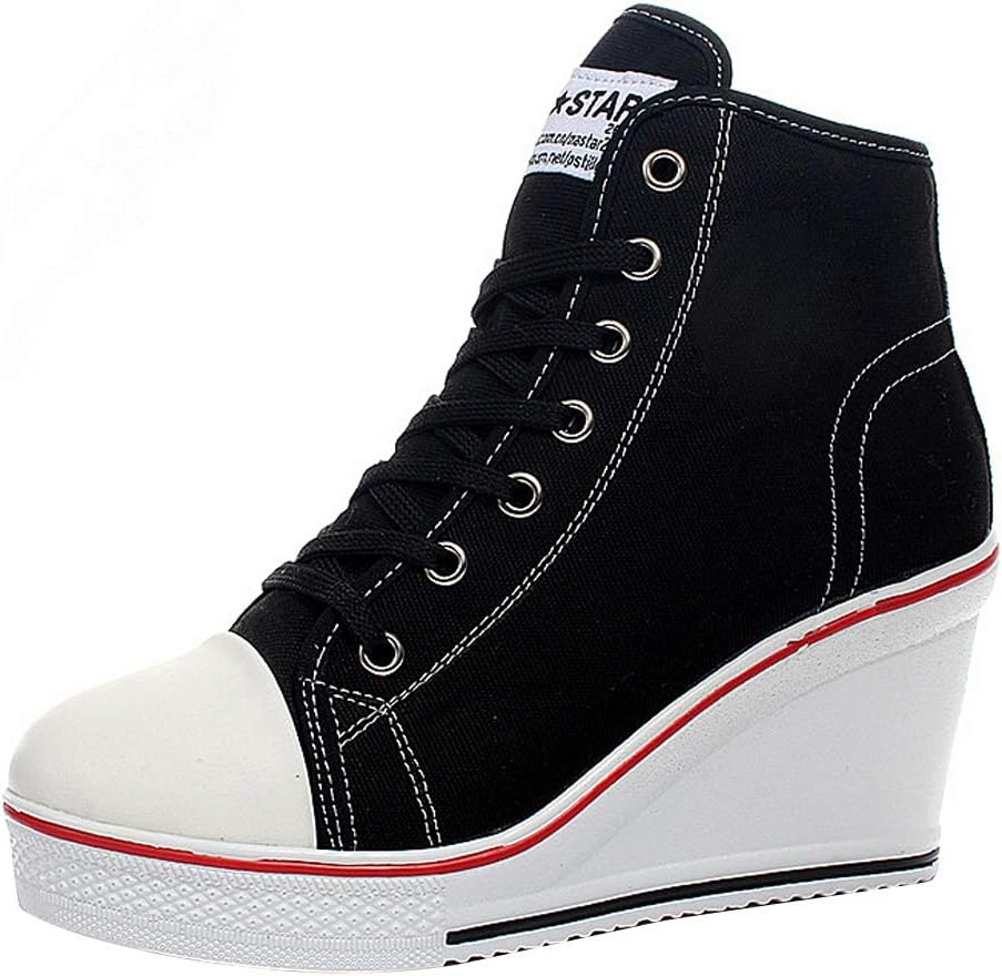 Women High Heel Sneaker Canvas Lace Up Fashion Shoes High