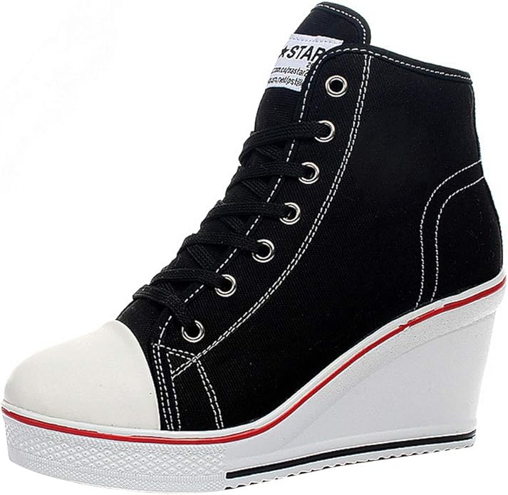 Amazon.com | Women High Heel Sneaker Canvas Lace Up Fashion Shoes High ...