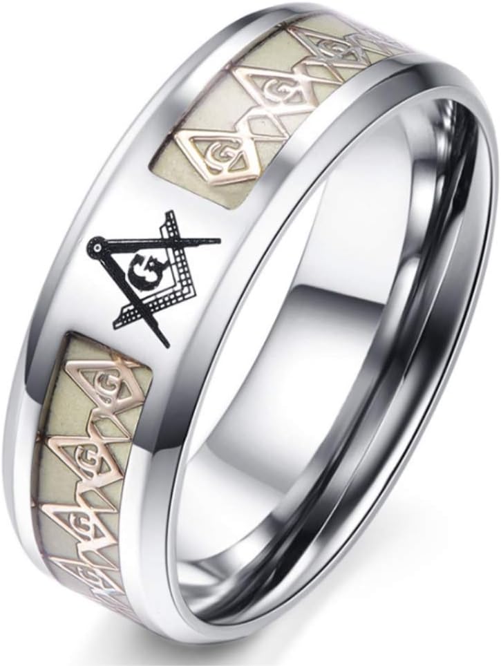 8MM Men's Stainless Steel Freemason Masonic Ring Glow in The Dark ...