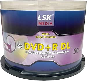 DVD+R DL Double Layer 8X 8.5GB 240min Video, White Inkjet Printable, by LSK Media, 50 Pack in ...