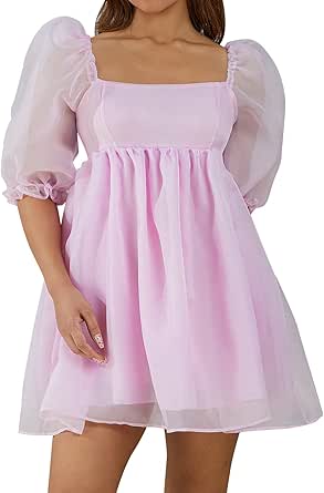 Women Short Puffy Sleeve Princess Tulle Dress Fluffy Mesh Fairy Mini ...