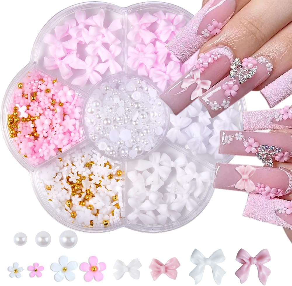 Amazon.com: Nail Charms, Flower Bow Manicure Kit, Pink White 3D Cute ...