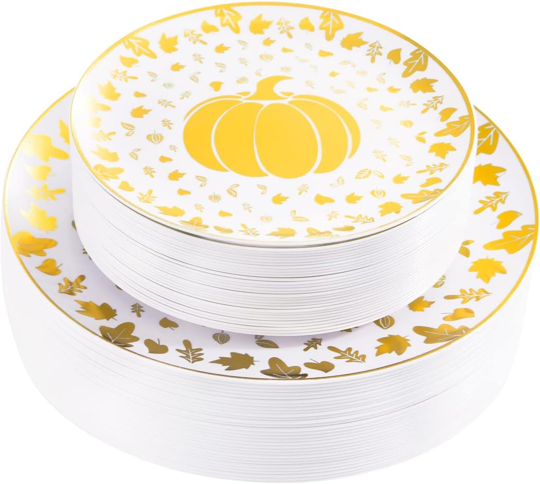 Amazon.com: I00000 60 PCS Thanksgiving Plates - White & Gold Plastic ...