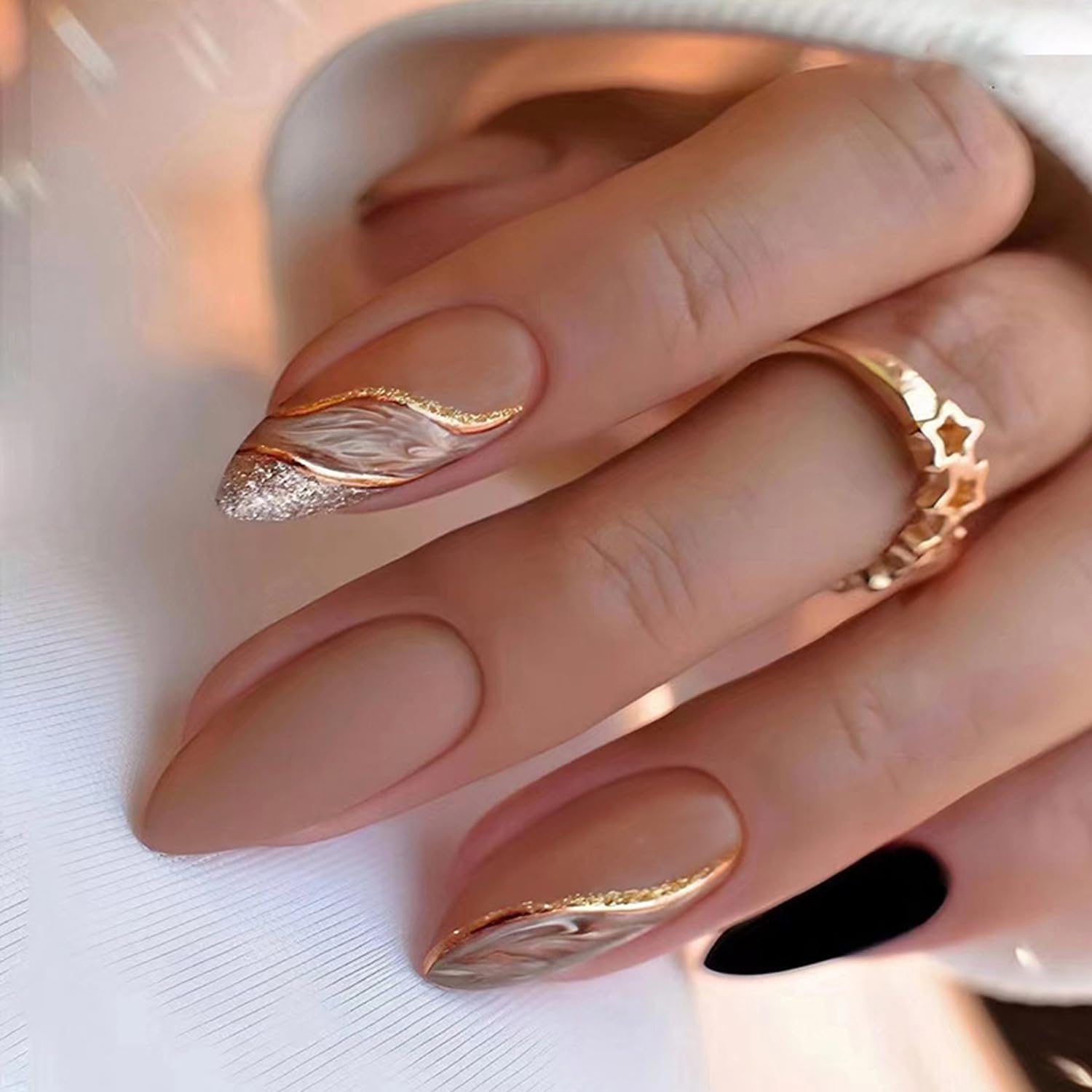 Amazon Brown Press On Nails Almond Shaped Fake Nails Medium Glossy