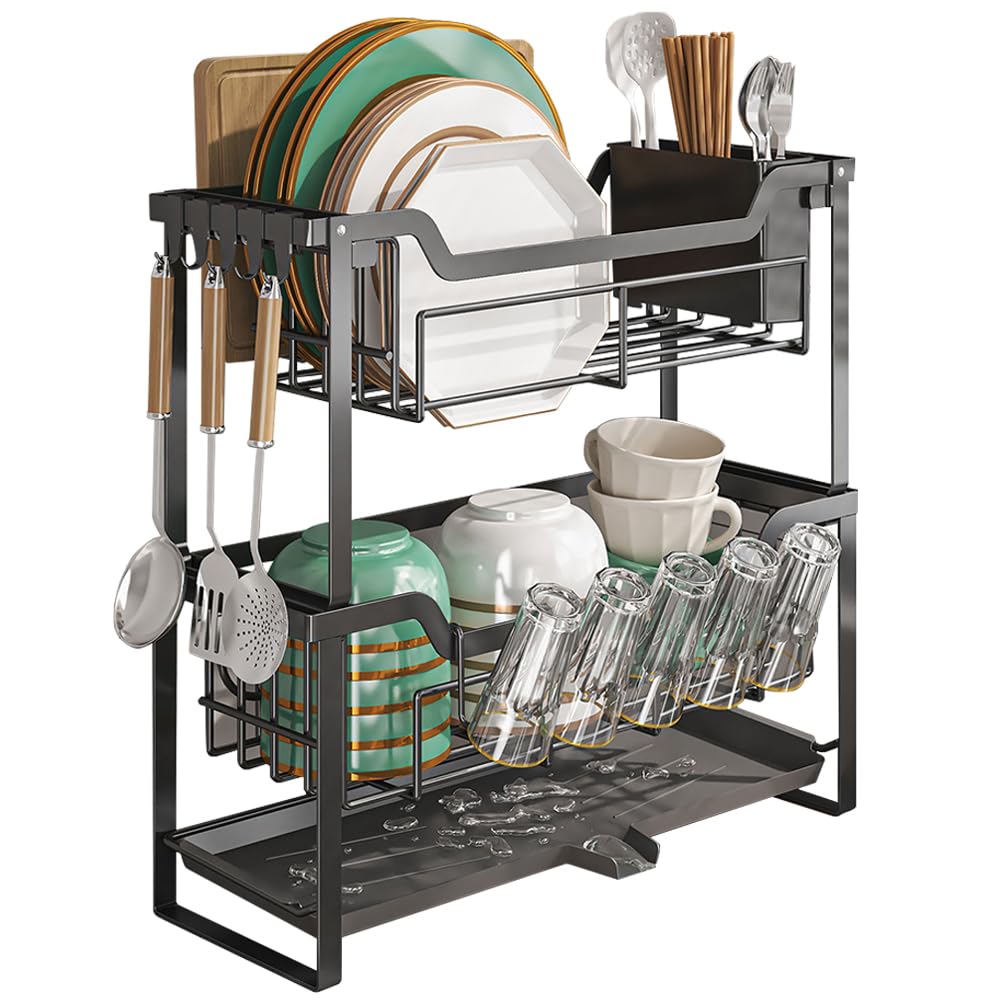 2 Tier Dish Drying Rack with Drip Tray, Dish Drainer with Removable ...