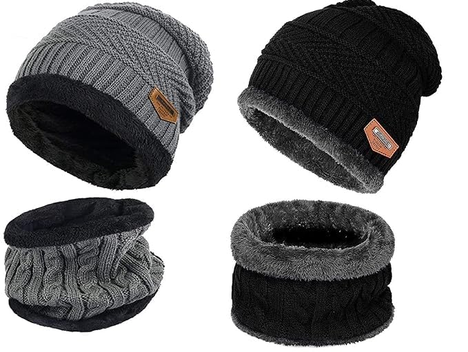 Buy SHIVAANJAL Black & Grey Woolen Beanie/Skull Cap & Neck Warmer ...