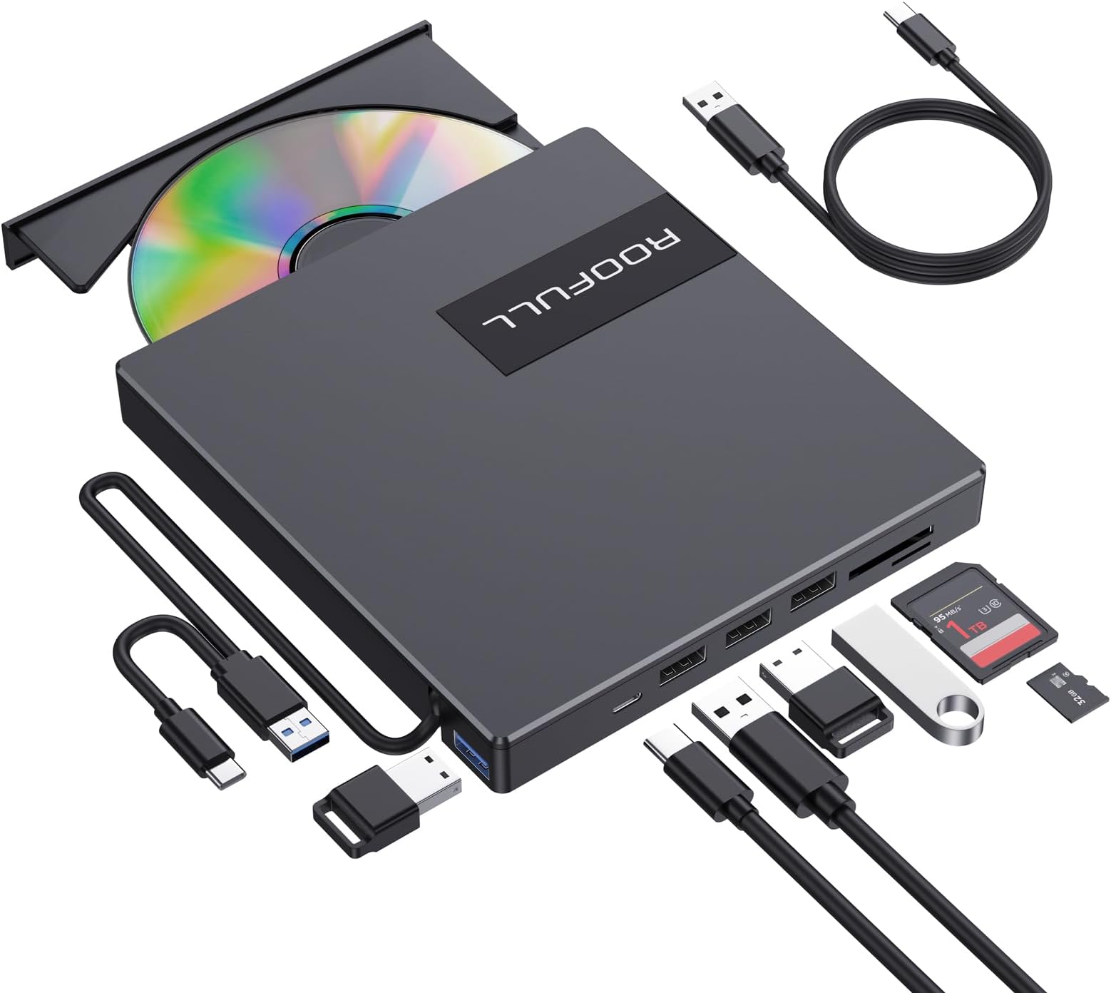 Amazon.com: ROOFULL External CD DVD Drive with 4* USB Ports and 2* SD ...
