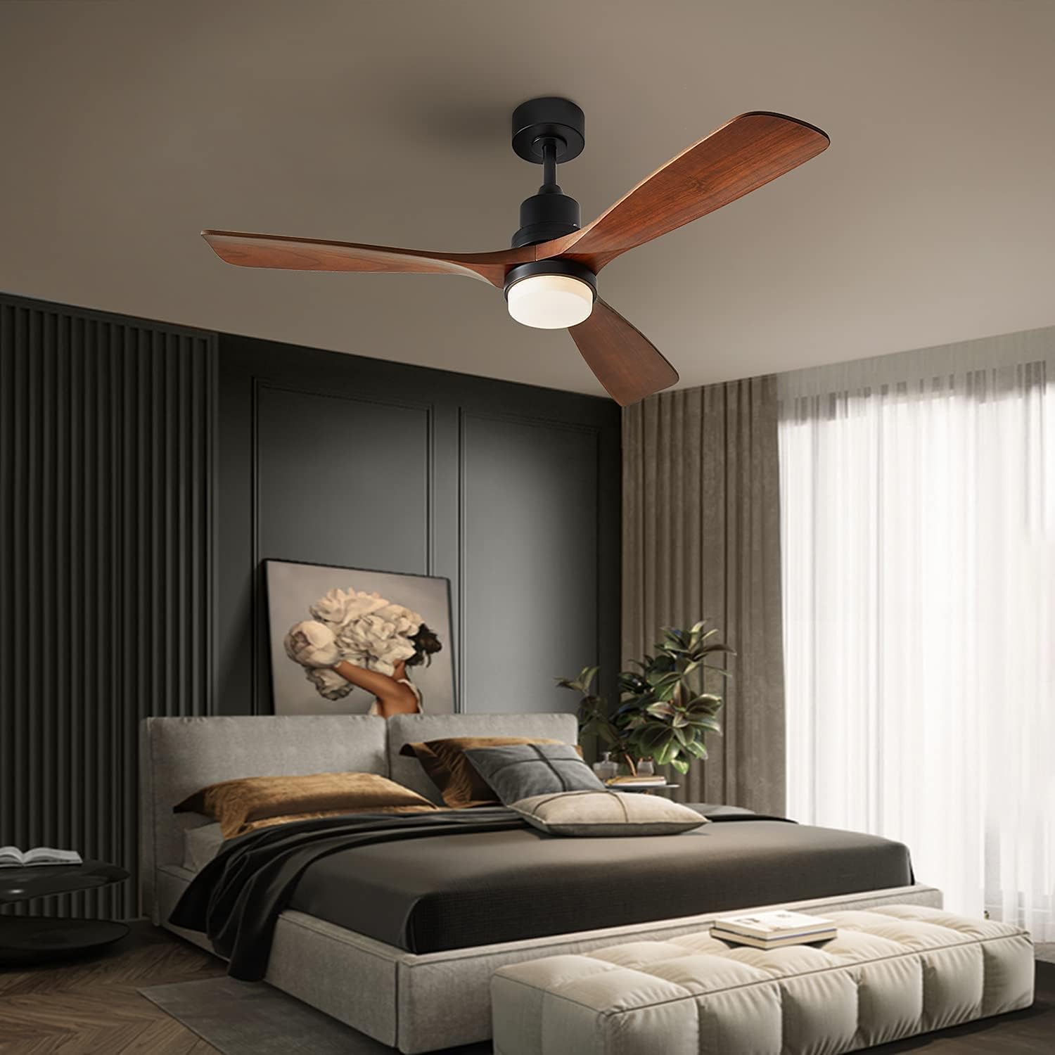 KEYRIFI 52" Modern Ceiling Fan with Lights, 3 Wood Fan Blades with ...