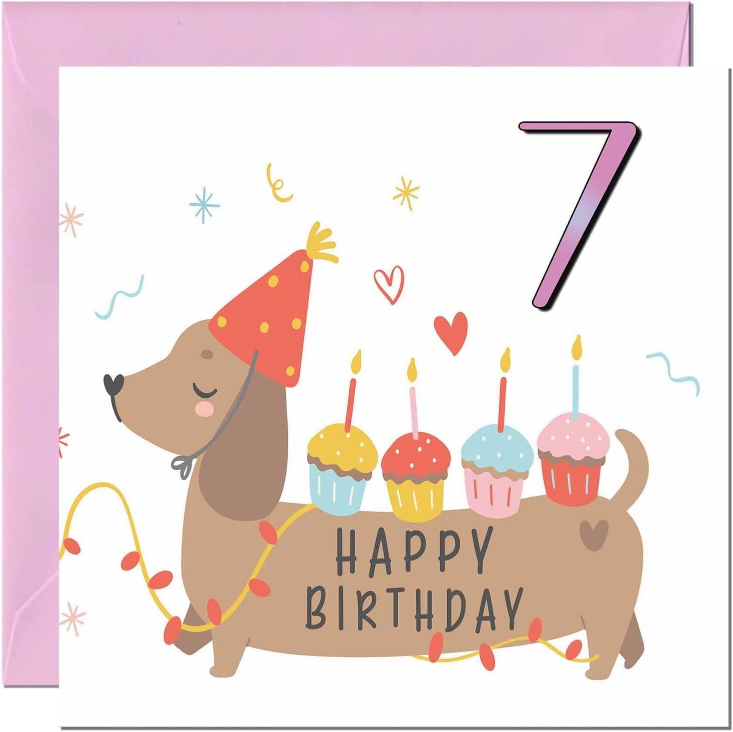 7th Birthday Card for Kids - Cute Sausage Dog Dachshund Birthday Card ...