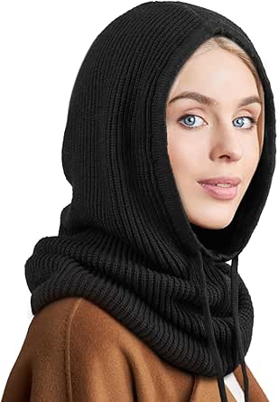 Hooded Scarf Hat Knit Balaclava Women Beanie Skull Cap with Drawstring ...