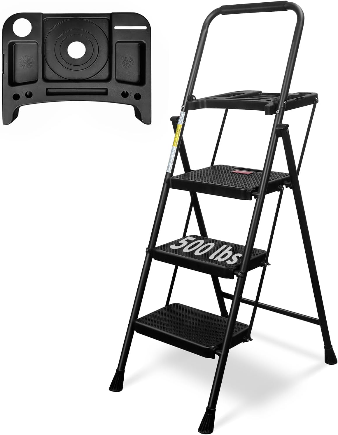 3 Step Ladder with Handrails & Attachable Tool Bag, 500 lbs Folding ...