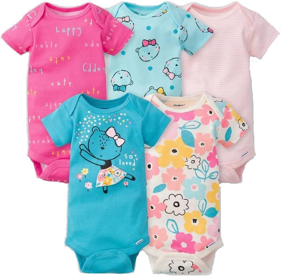 Amazon.com: Gerber Baby Girls 4-Pack Short Sleeve Onesies Bodysuits (5 ...
