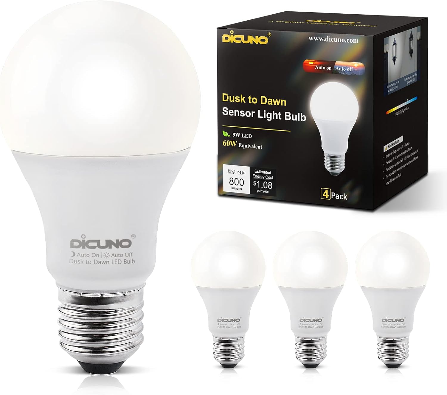 DiCUNO Dusk to Dawn Light Sensor Bulbs Outdoor, A19 LED Bulb Automatic ...