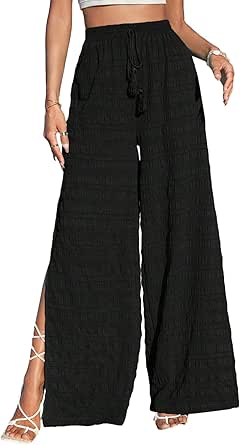 Dokotoo Casual Wide Leg Pants for Women Elastic High Waist Tie ...