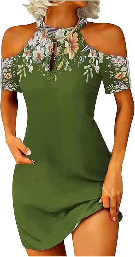 Shoulderless Mini Dresses Women's Short Sleeve Cold Shoulder Halter ...