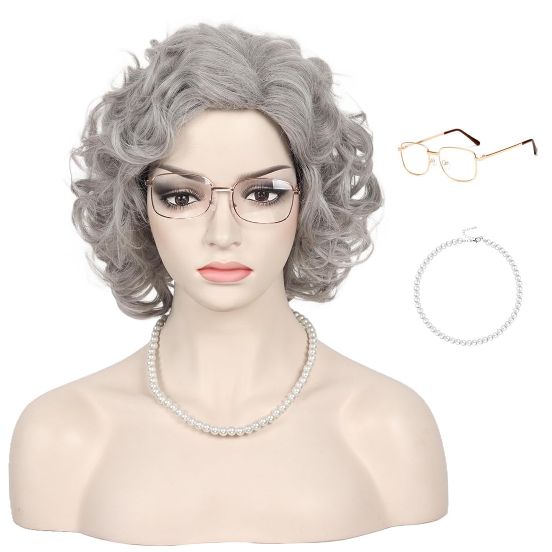 Amazon.com: WildCos Old Lady Wig Short Fluffy Grey Curly Grandma Wig ...