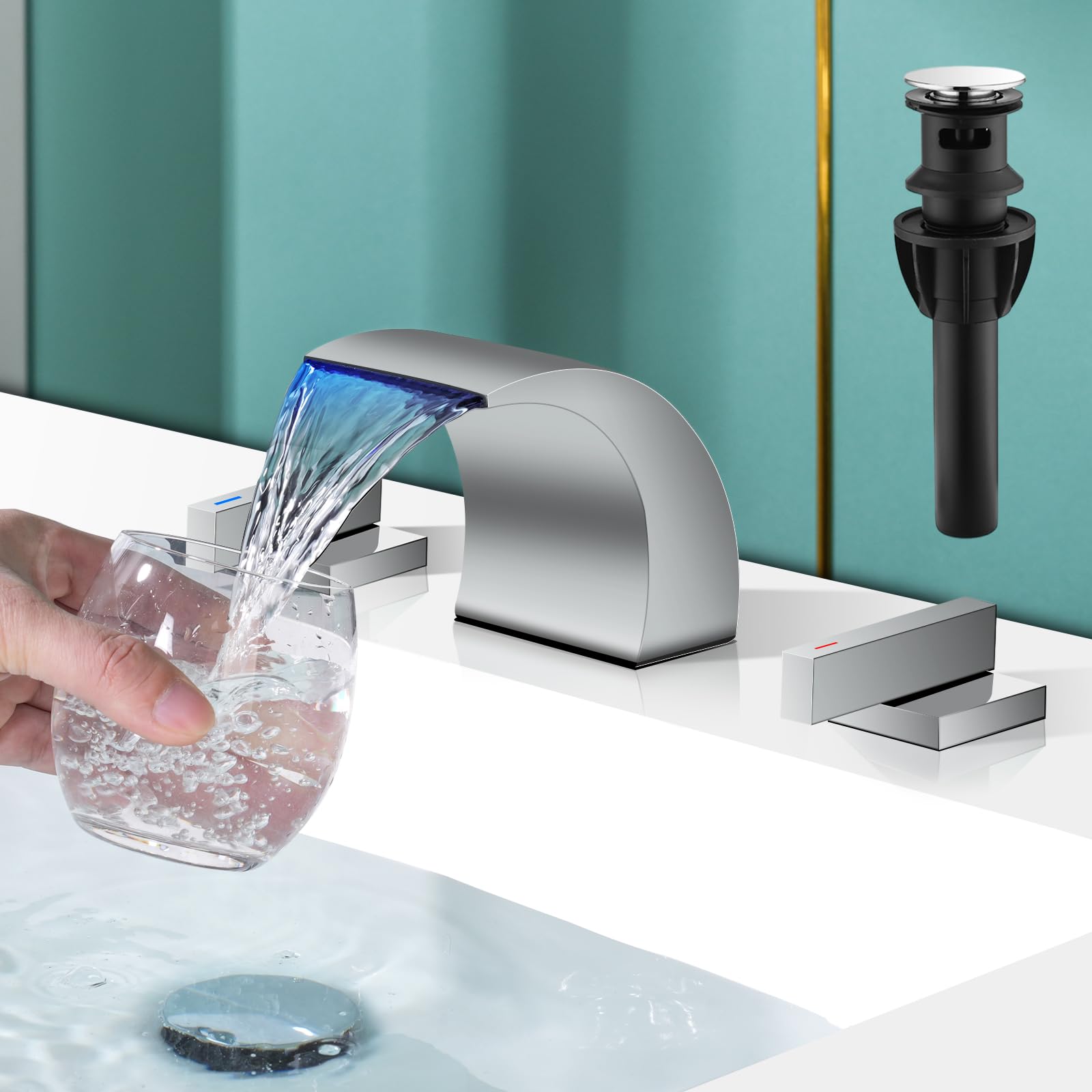 AUU Chrome LED Bathroom Sink Faucet 3 Holes,8 Inch Widespread Bathroom ...