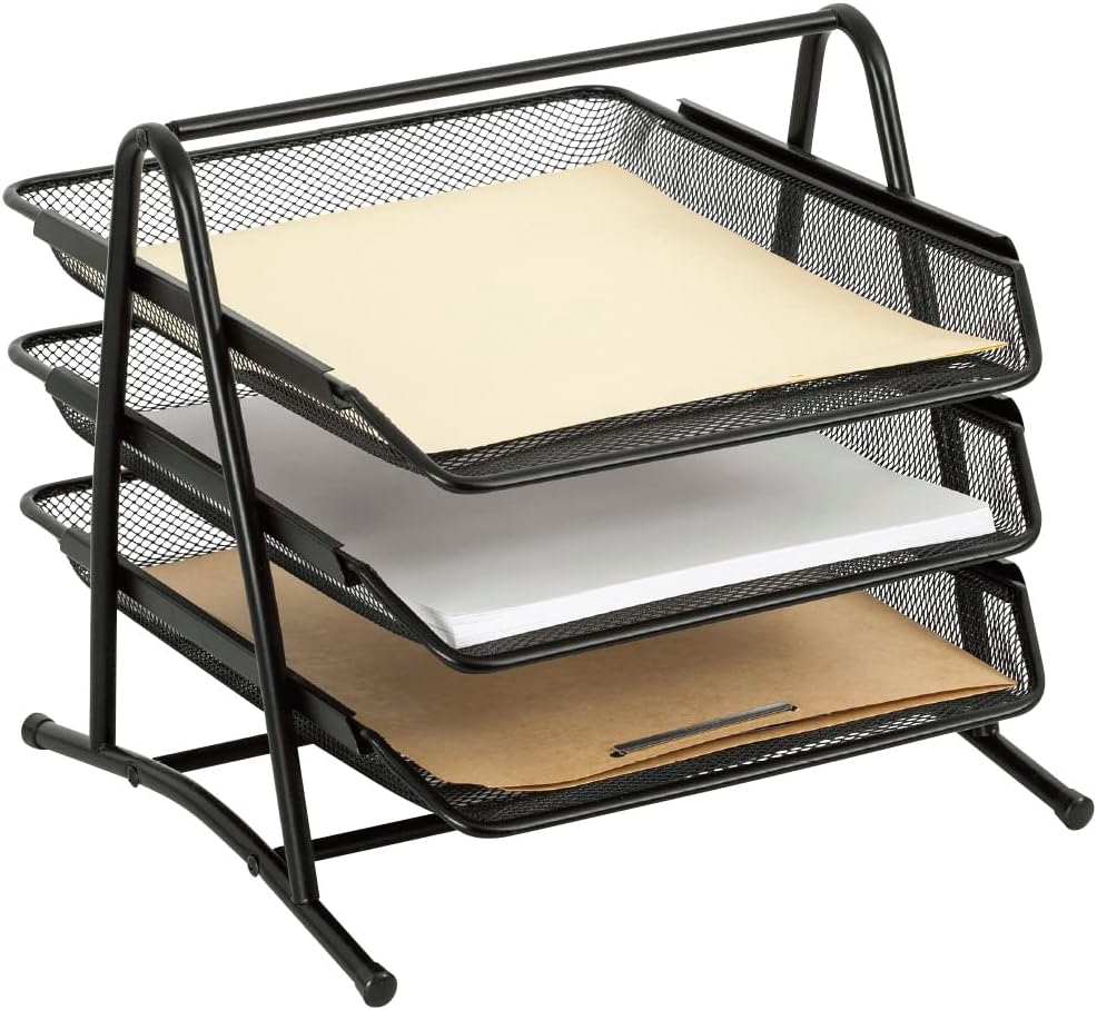 Greenco Mesh 3 Tier Document, Letter Tray, Desk Organizer, Black ...