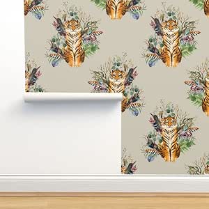 Boho Tiger Wallpaper - 18" Boho Tiger Florals - Taupe (CHK) - Custom ...