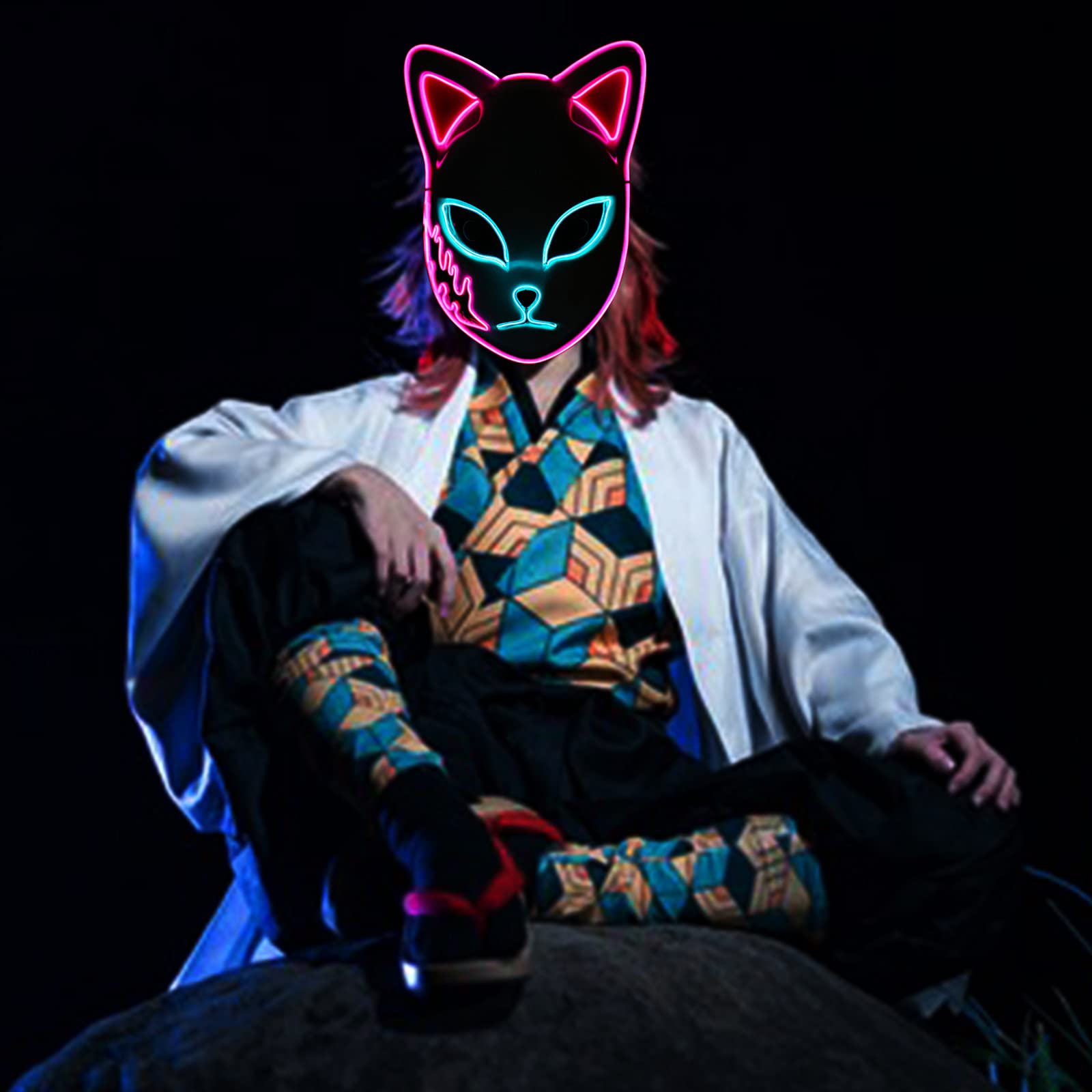 Demon Slayer Mask Japanese Anime Mask, Led Halloween Mask Demon Fox ...